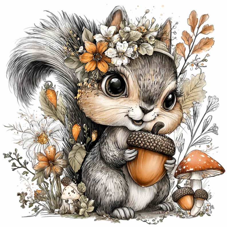 10 PNG Autumn Squirrel – Cute Woodland Animal Clipart – Fall Acorn Art ...