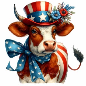 12 PNG Patriotic Cow 4th of July, American Flag Floral Hat USA Clipart ...