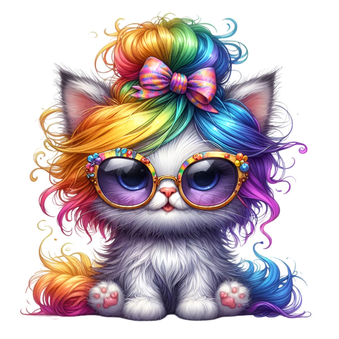 Messy Bun Clip Art, 12 PNG Rainbow Cute Cat Clipart, Kitten Girl ...