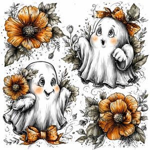10 PNG Cute Floral Ghost – Halloween PNG Clipart – Girly Spooky Design ...