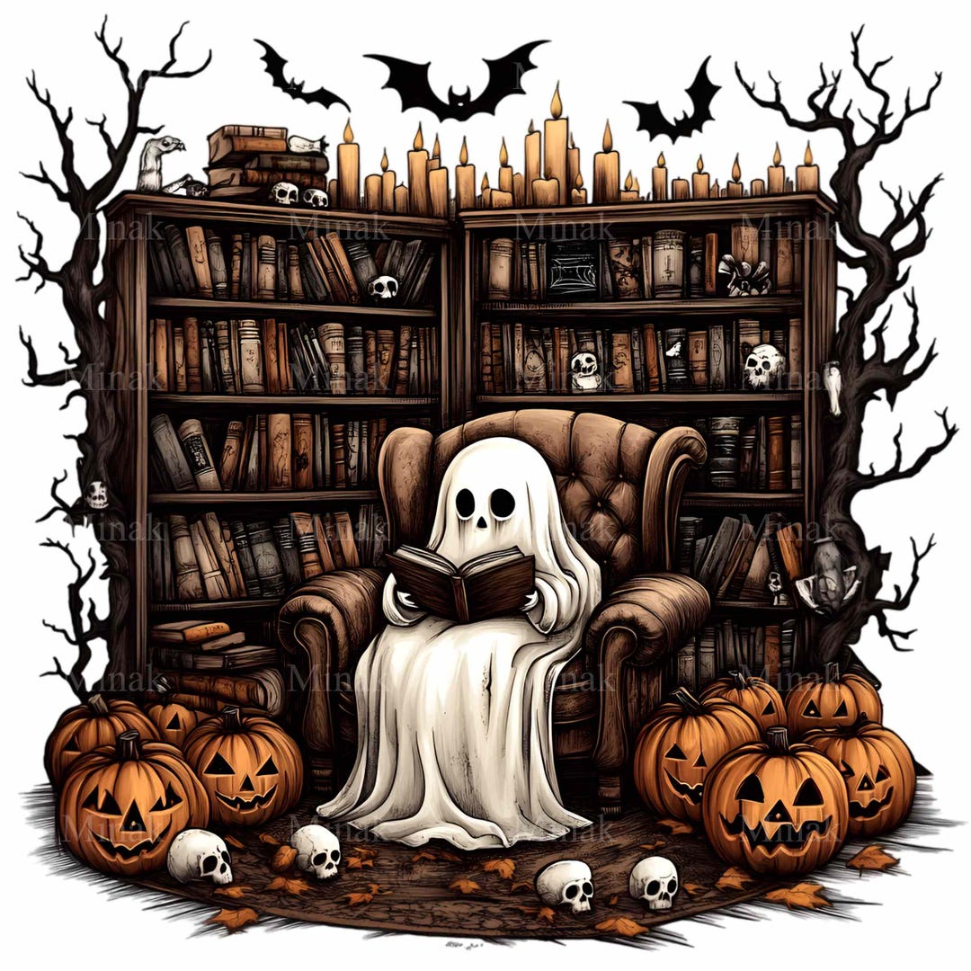 10 PNG Ghost Reading Clipart – Spooky Halloween Library PNG – Cute ...