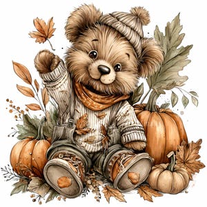 12 PNG Autumn Bear – Pumpkin Clipart – Fall Animal Illustration for ...