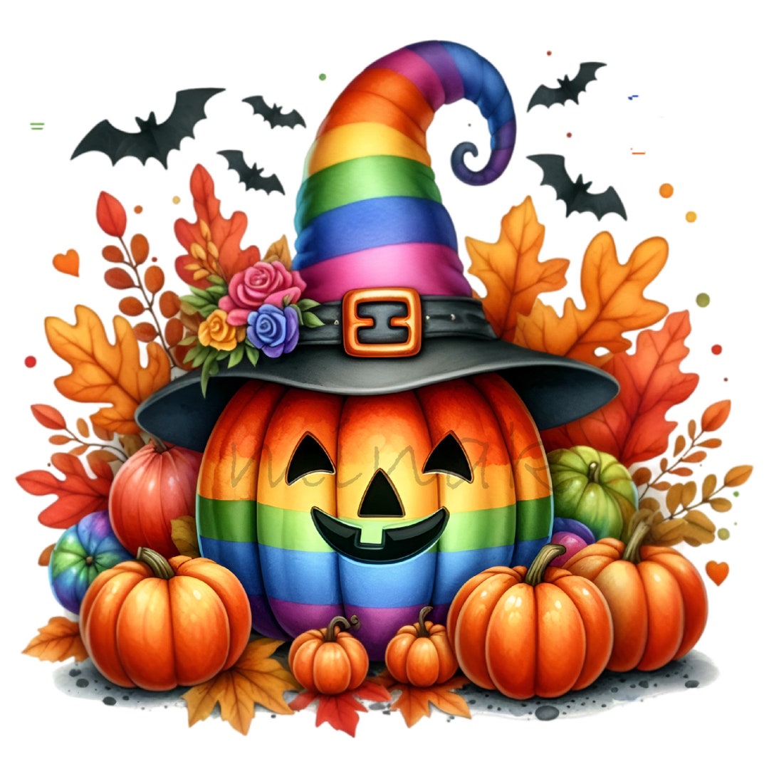 Colorful Halloween Pumpkin Clipart PNG 12 Witch Hat, Autumn Leaves, and ...