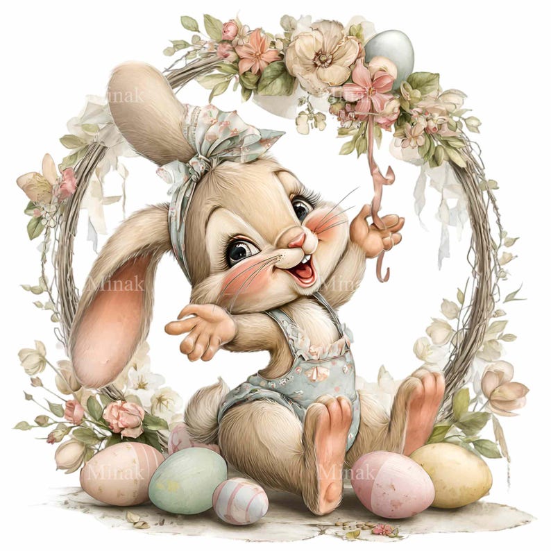 15 PNG Spring Bunny, Easter Rabbit Clipart With Eggs Floral Wreath ...