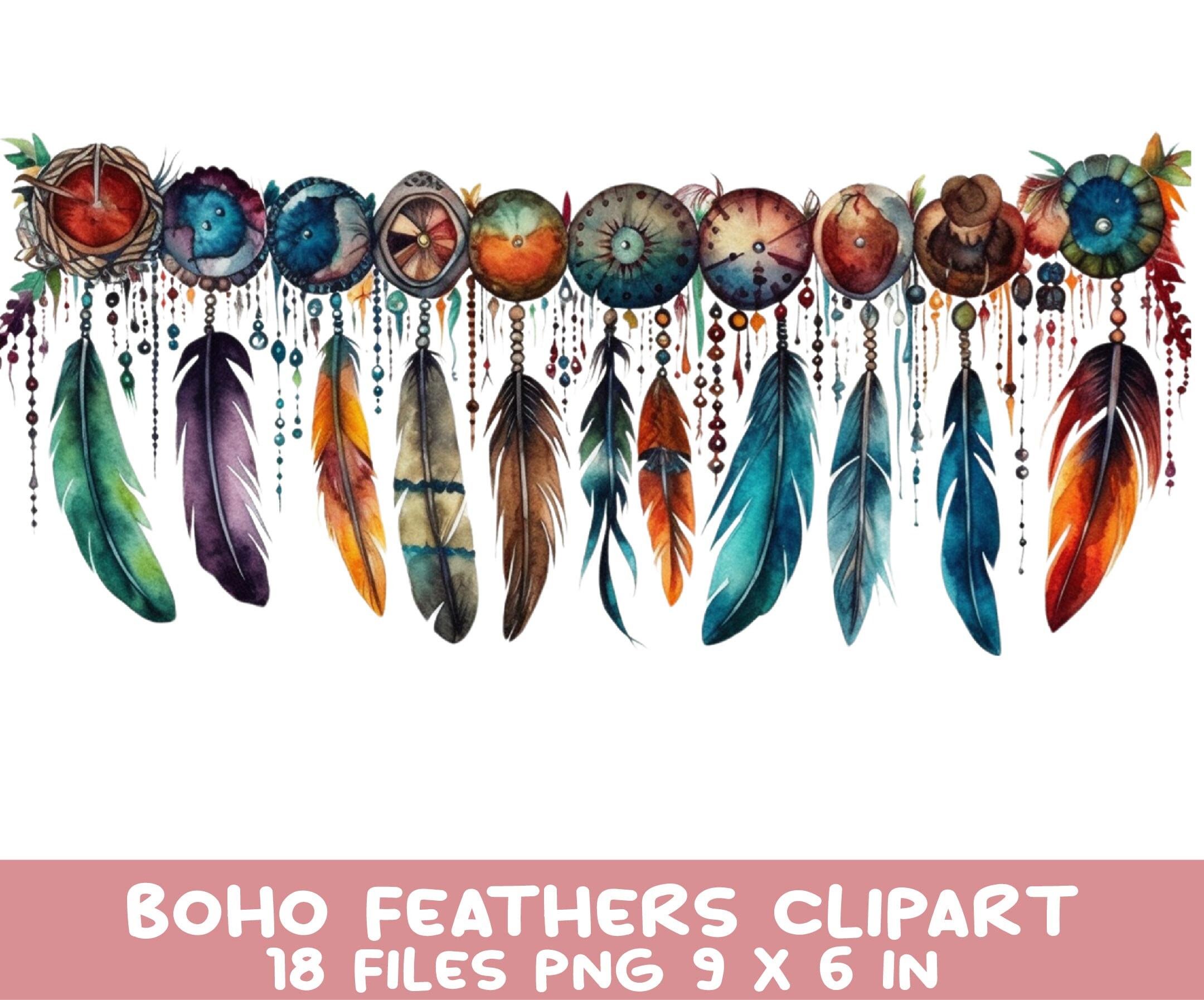 Boho Feathers Clipart Bundles, 18 PNG Watercolor Beaded Plumes Garland ...