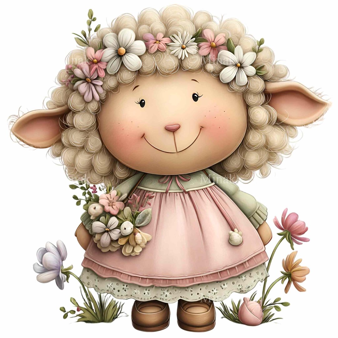 15 PNG Spring Lamb Clipart – Curly Sheep With Flowers and Dress – Baby ...