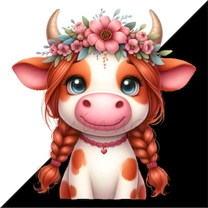 Floral Cow Clipart, 15 Cute Cow With Braids and Flower Crown PNG ...
