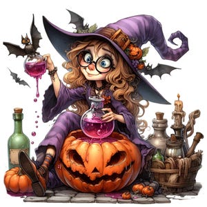 Witchy Halloween Clipart PNG 10 Magical Witch Brewing Potion in Pumpkin ...