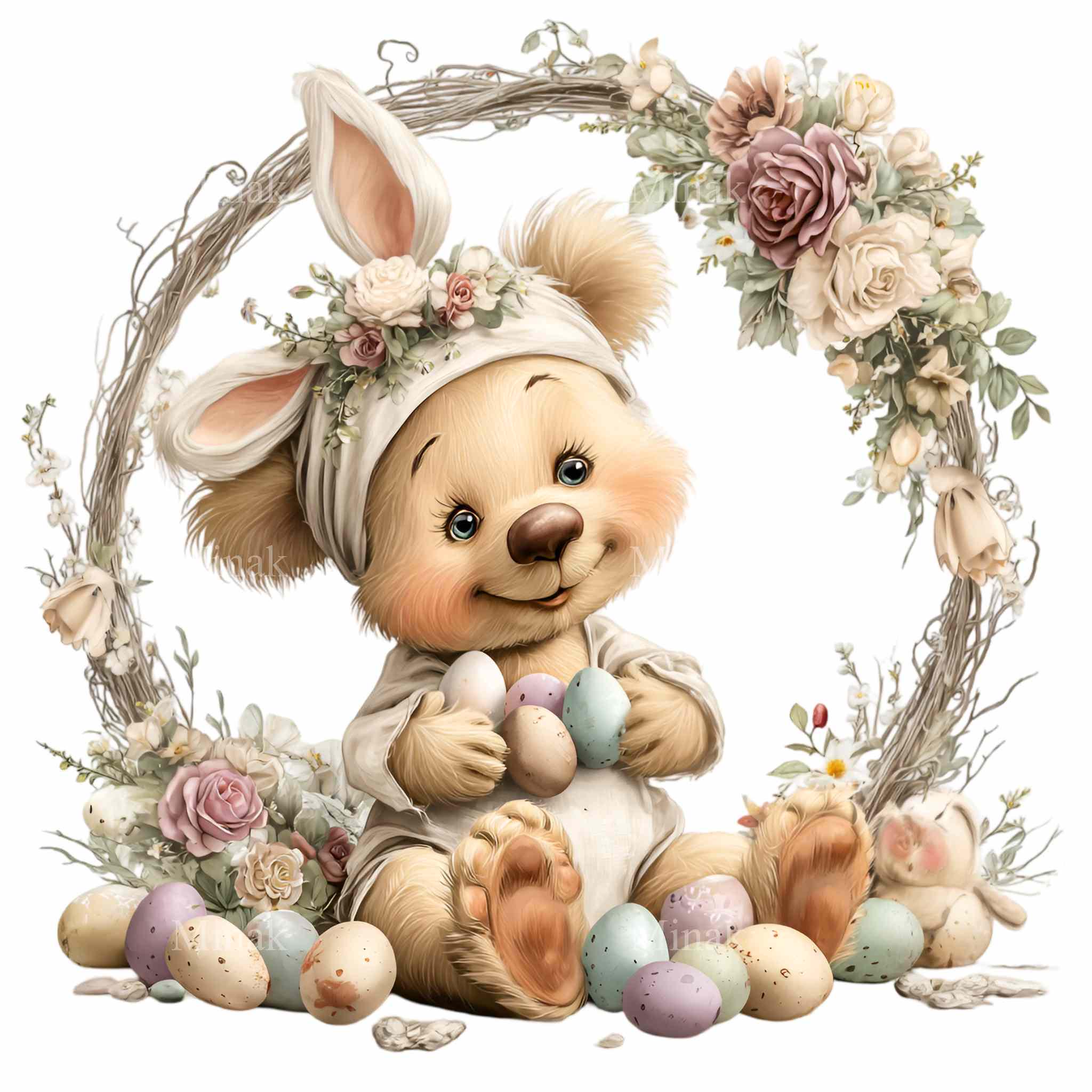 15 PNG Easter Bear, Floral Clipart With Eggs, Spring Nursery Animal ...