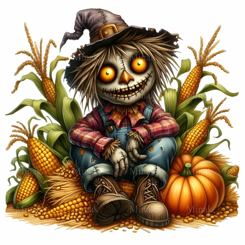 10 PNG Scarecrow Vintage Halloween Clipart, Corn Field Harvest Skeleton ...