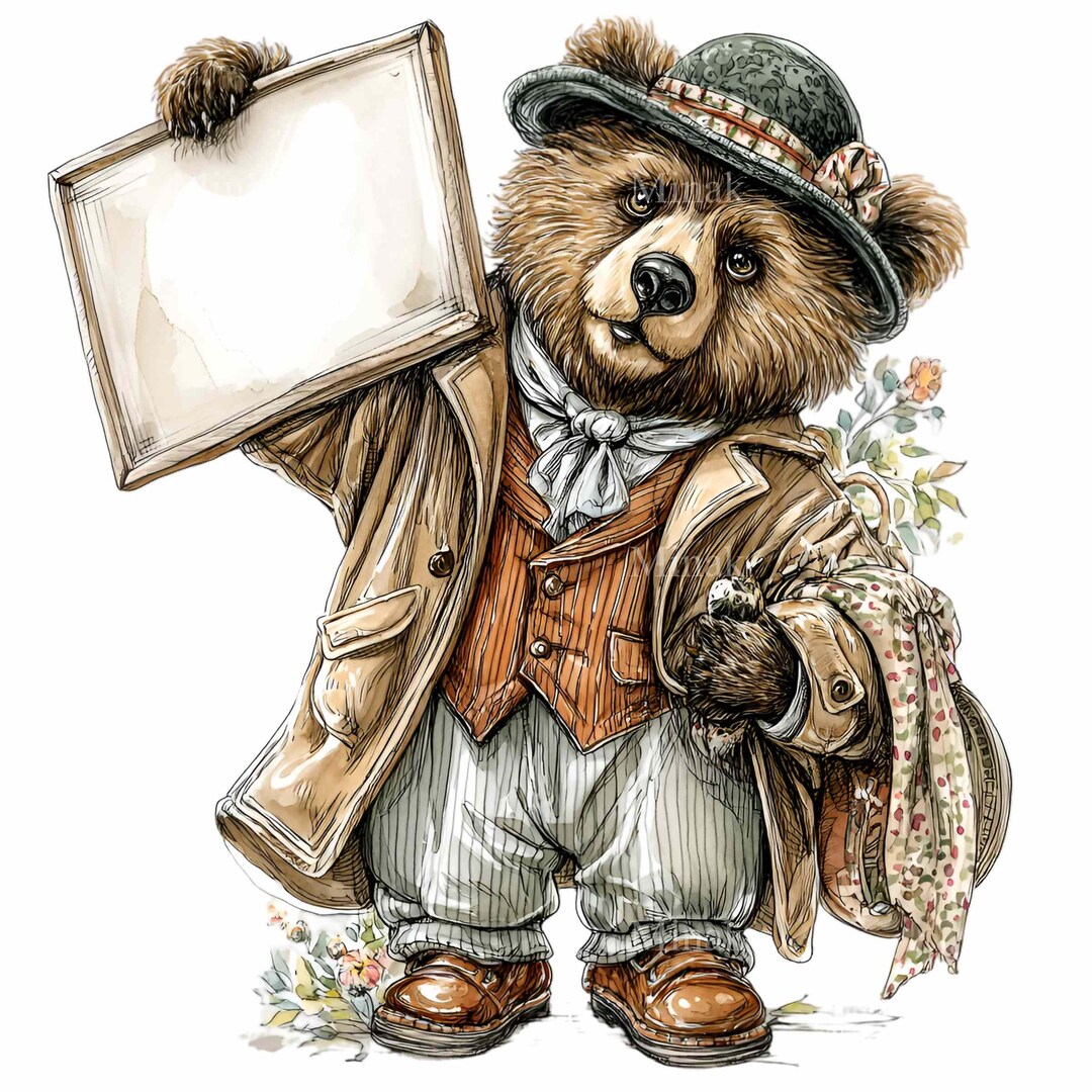 12 PNG Vintage Bear Holding Sign – Dressed Bear PNG Clipart – Blank ...