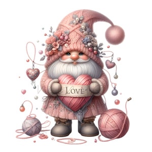 Valentine Gnome Clipart, Knitting Gnome With Love Heart, Digital ...