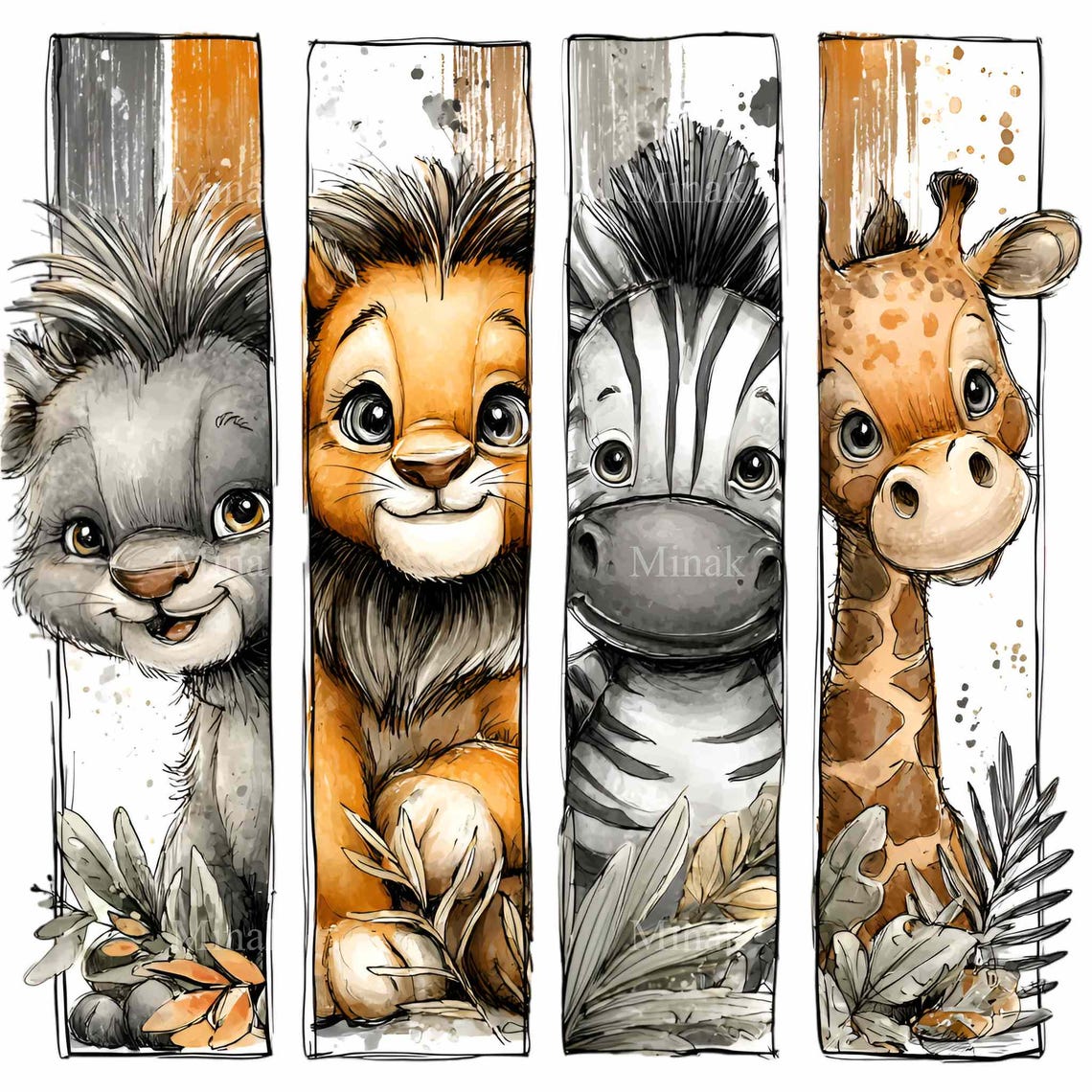 15 PNG Safari Nursery Clipart Set – Lion Giraffe Elephant Zebra Panels ...