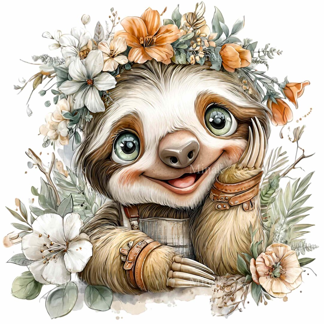 14 PNG Sloth Clipart Floral Portrait Illustration, Watercolor Woodland ...