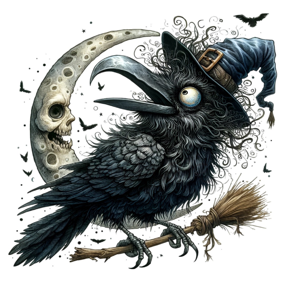 Haunted Raven With Witch Hat and Moon 14 PNG, Spooky Raven Clipart ...