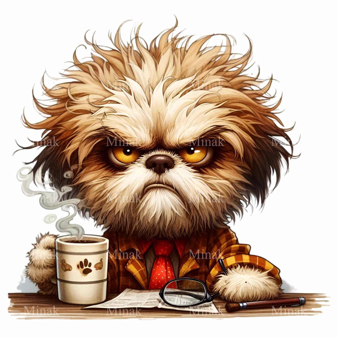 10 Grumpy Dog With Coffee PNG Clipart, Tired Pup in Pajamas Holding Mug ...