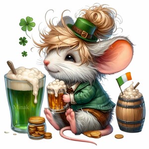 Cute Irish Mouse PNG Clipart With Shamrocks and Green Top Hat | 12 St ...