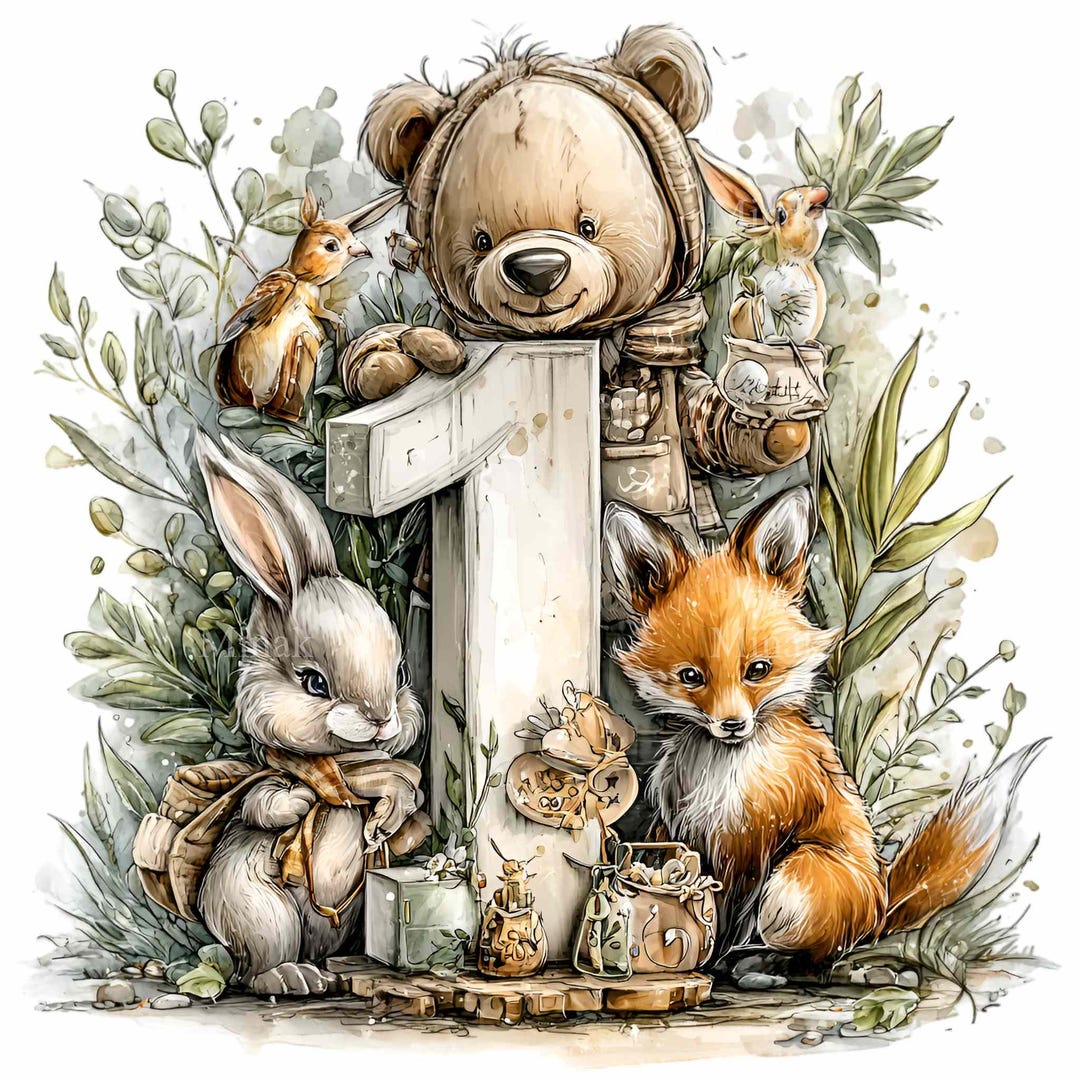 15 PNG Woodland Animals Number 1 Clipart – First Birthday PNG for ...