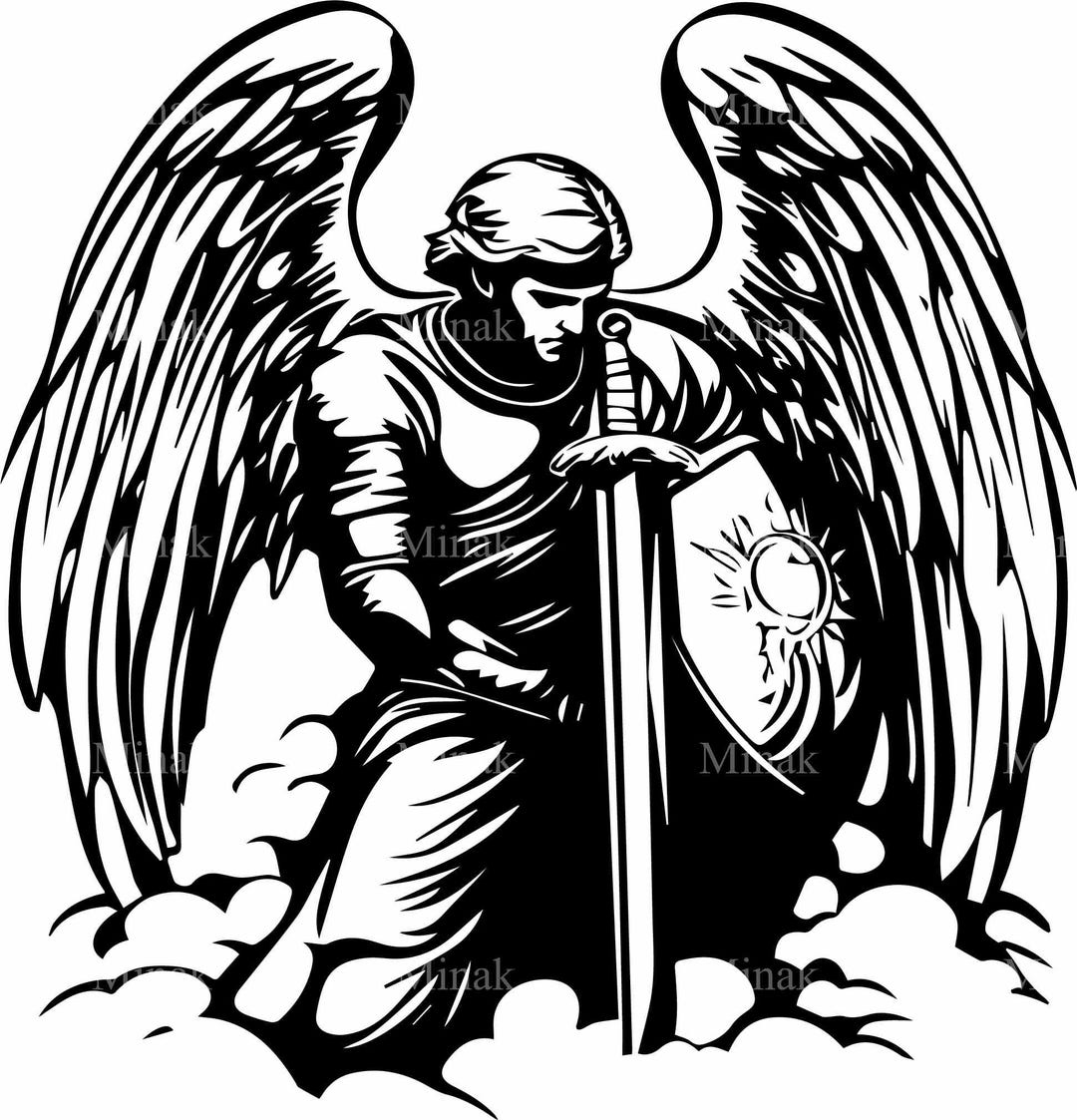 4 Kneeling Archangel SVG Cut File, Warrior Angel With Sword and Shield ...