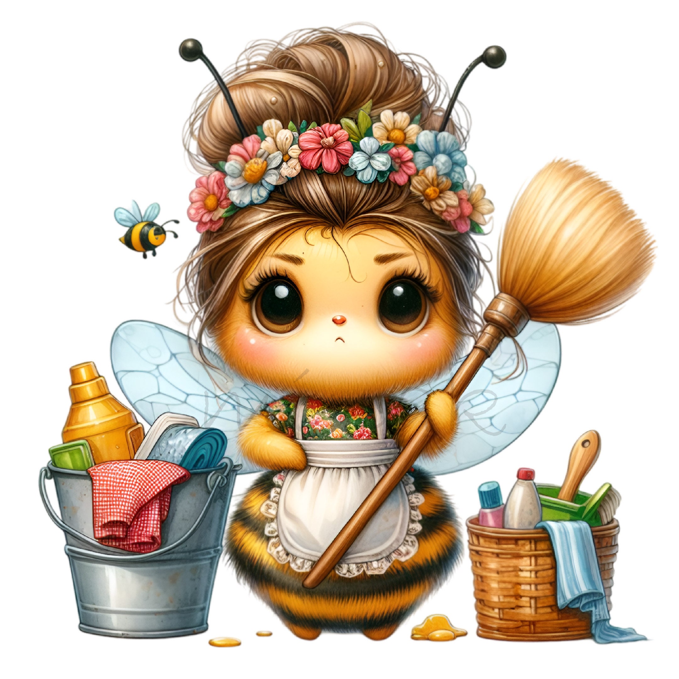 12 Housekeeper Bee PNG Clipart, Cute Cartoon Bee With Broom and Flowers ...
