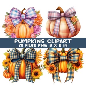 Autumn Pumpkin Clipart With Plaid Bow and Flowers 20 Fall Harvest PNG ...