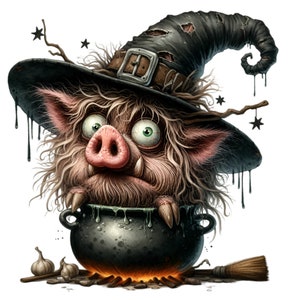 Crazy Pig With Witch Hat and Cauldron 12 PNG Quirky Animal Funny ...