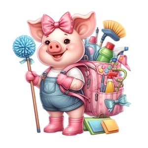 Pig Clipart PNG, 12 Watercolor Cleaning Housework Clip Art, Spring ...