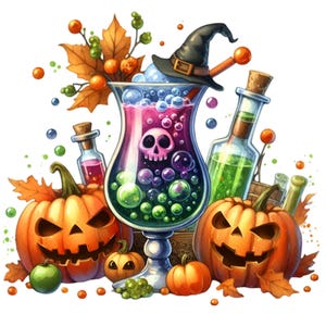 Halloween Potion Drinks With Skulls and Pumpkins Watercolor Clipart 14 ...