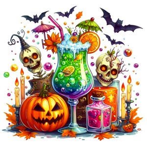Halloween Potion Drinks With Skulls and Pumpkins Watercolor Clipart 14 ...