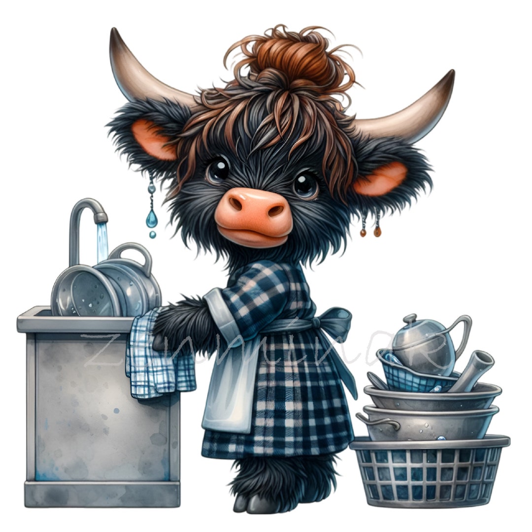 Cute Highland Cow Washing Dishes Clipart PNG, 14 Kitchen Cow Art for ...