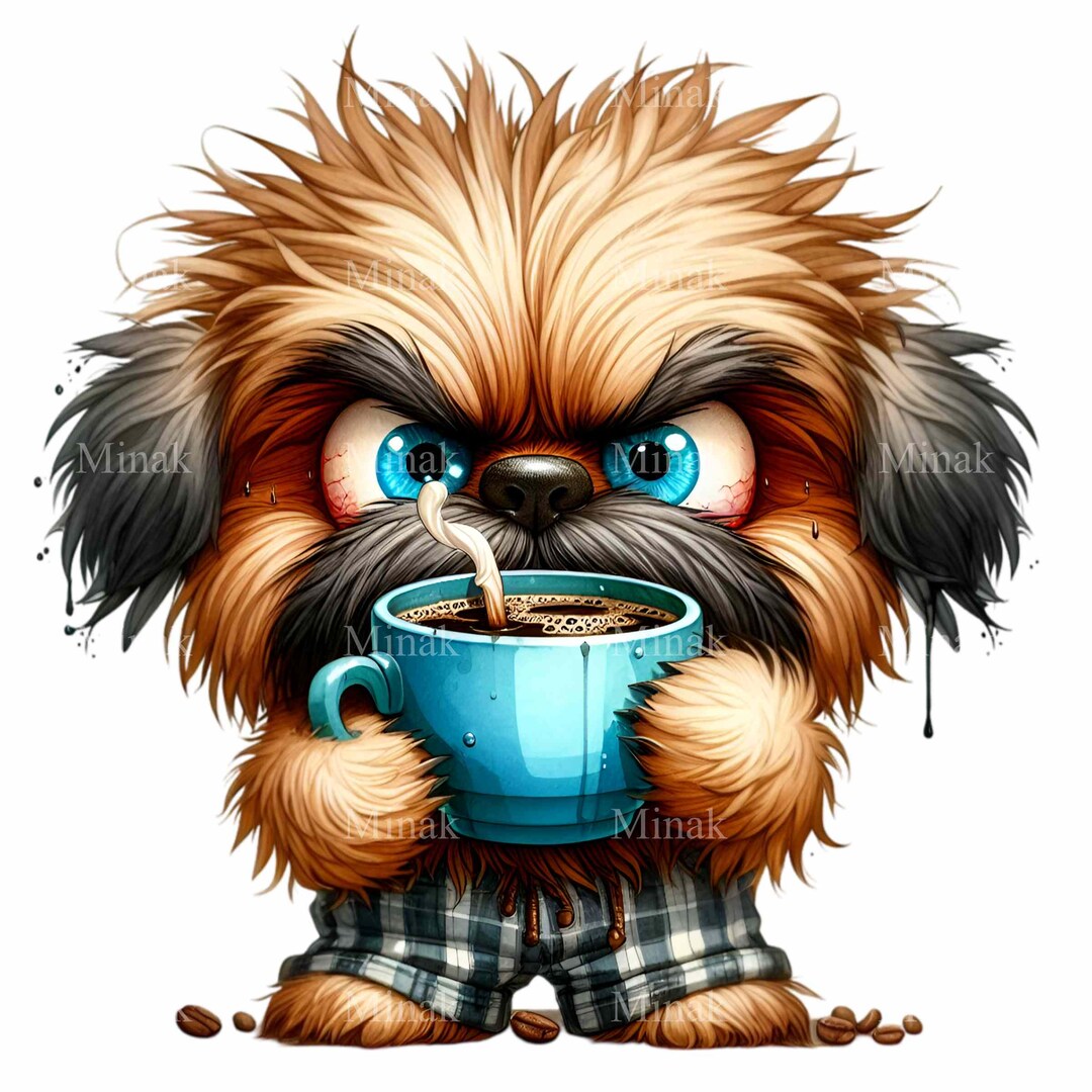 10 Grumpy Dog With Coffee PNG Clipart, Tired Pup in Pajamas Holding Mug ...