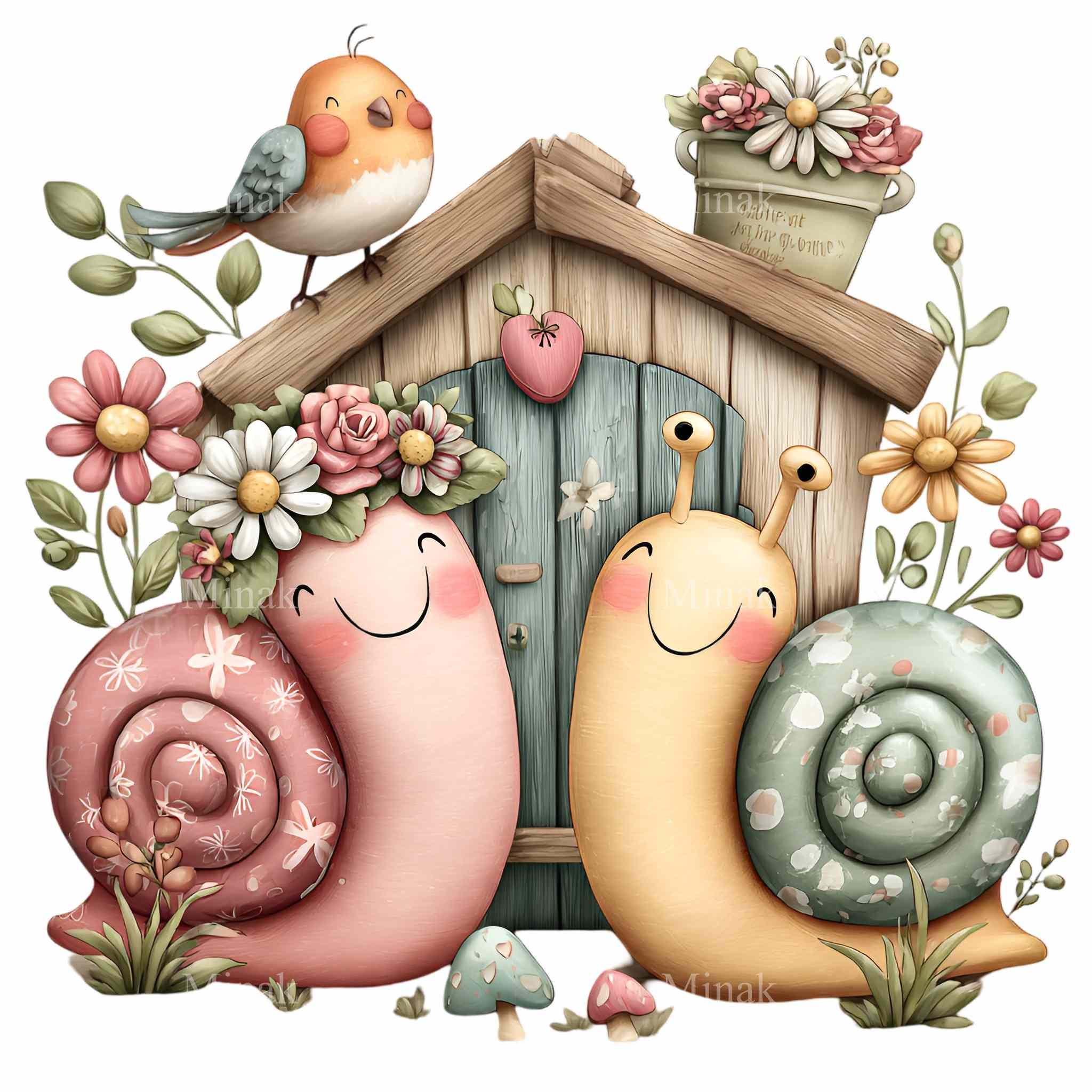 15 PNG Snail Couple Clipart, Whimsical Garden House Graphics, Floral ...