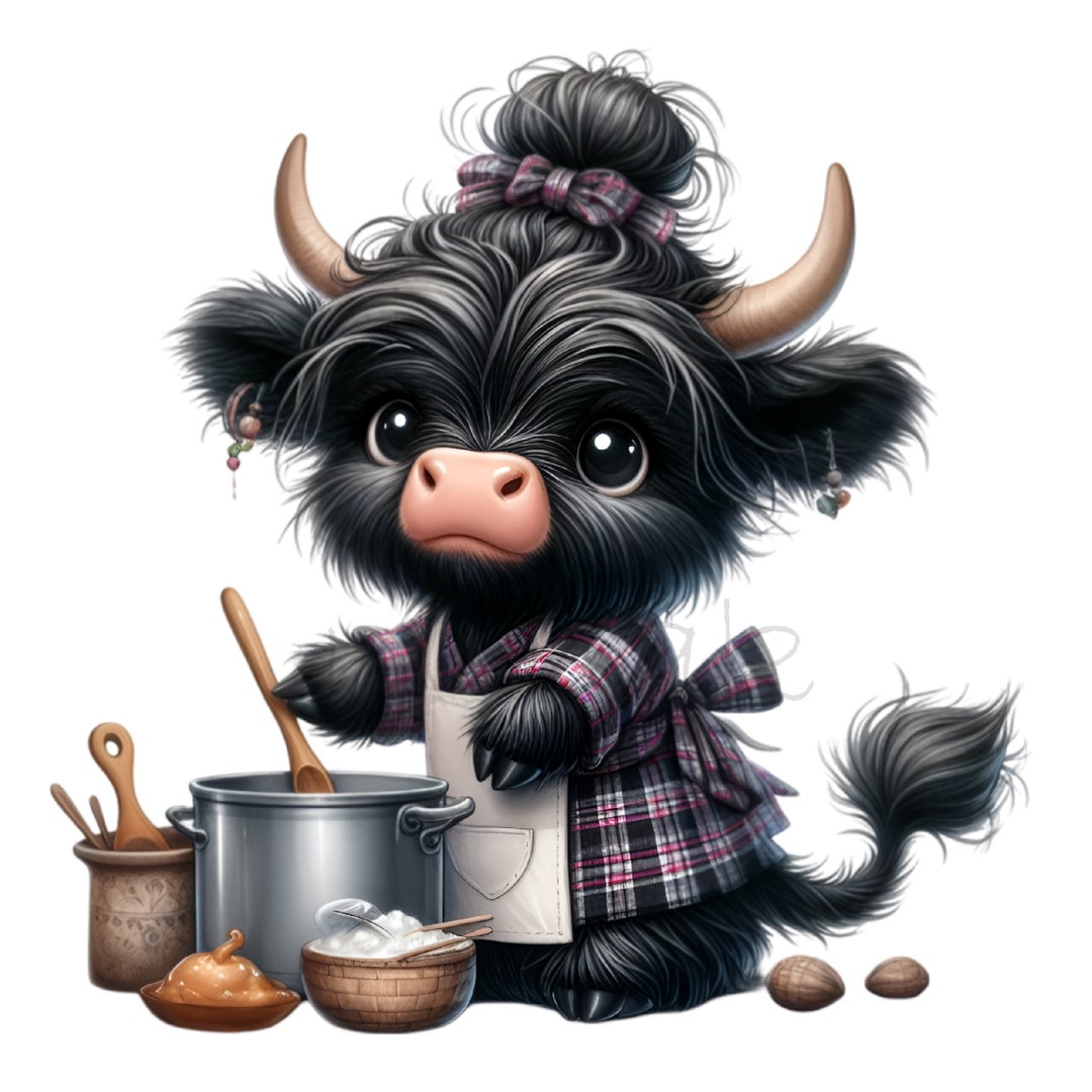 Highland Cow Cooking Clipart PNG 15 Adorable Cow in Tartan Apron ...