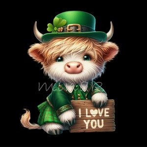 15 PNG Irish Highland Cow Clipart, Iloveyou Sign, Green Hat Shamrock ...