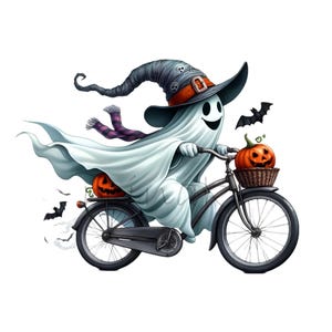 Halloween Ghost Clipart on Bicycle With Pumpkin and Candles 10 PNG ...