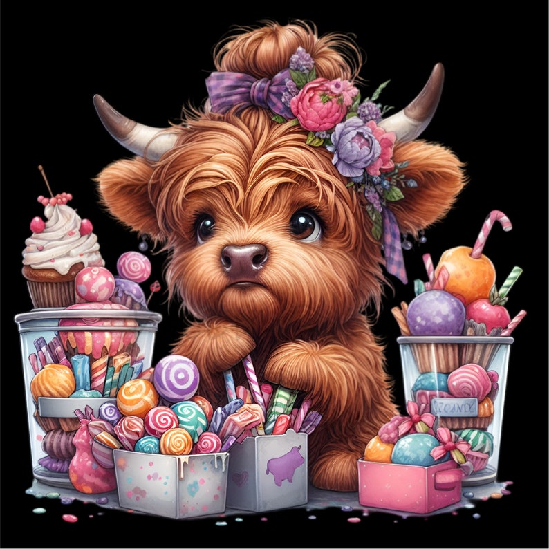 12 PNG Highland Cow Clipart, Candy Shop, Flower Crown Heifer, Sweet ...