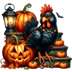Halloween Rooster in Witch Hat Clipart Spooky Porch Scene With Jack-o ...