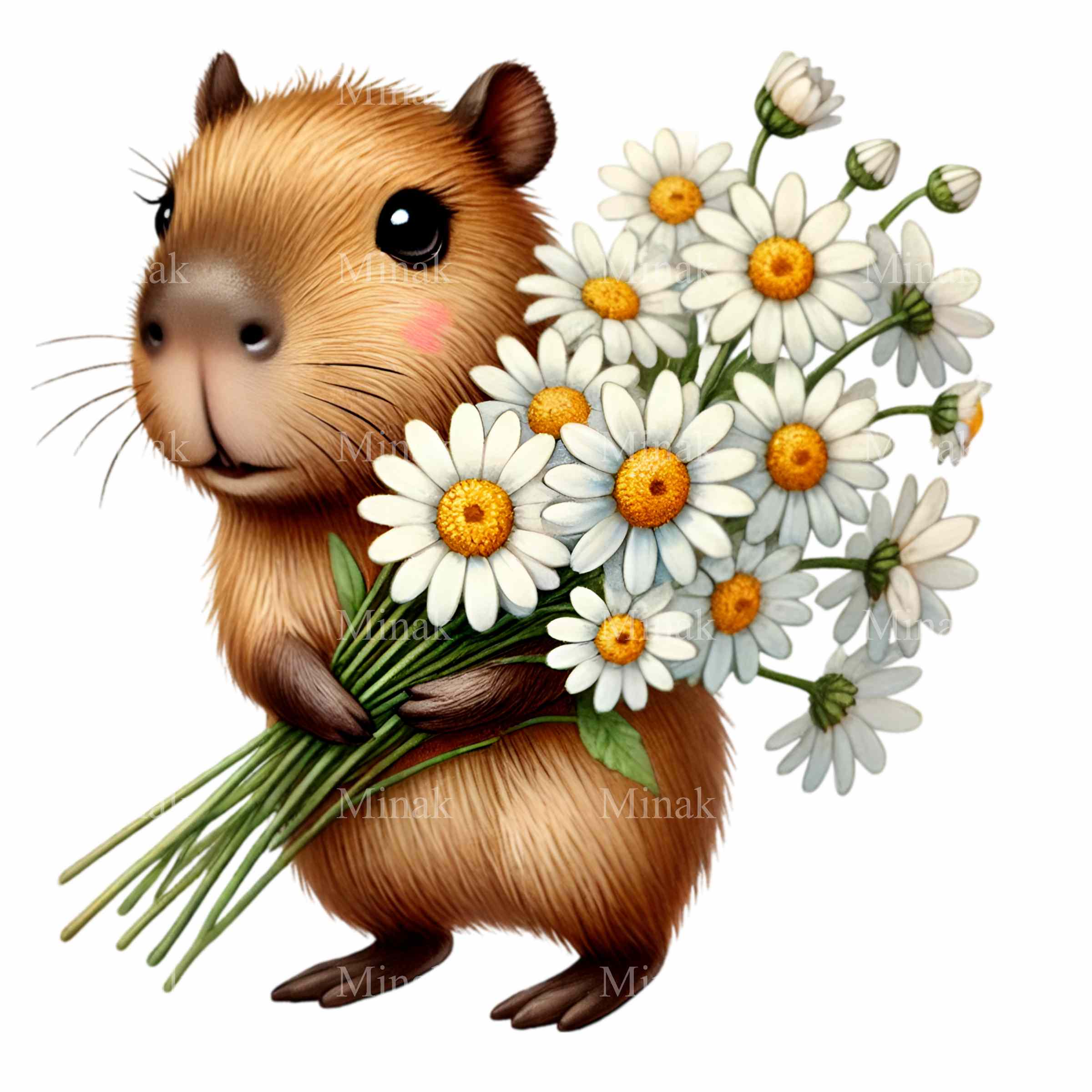 12 PNG Capybara Daisy Bouquet, Whimsical Animal Clipart, Floral Rodent ...