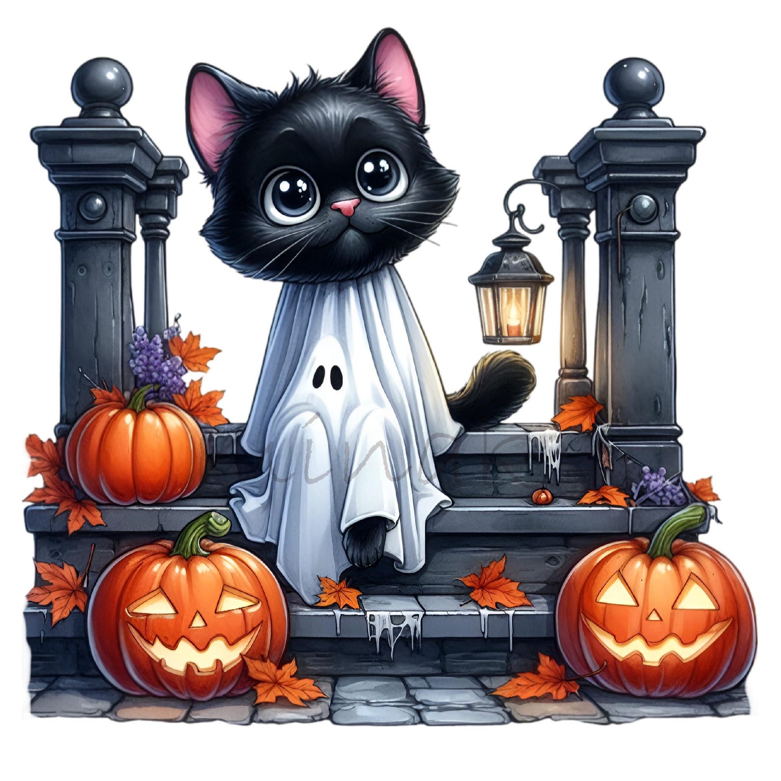 Spooky Cat in Ghost Costume With Pumpkins 12 Halloween Clipart PNG for ...