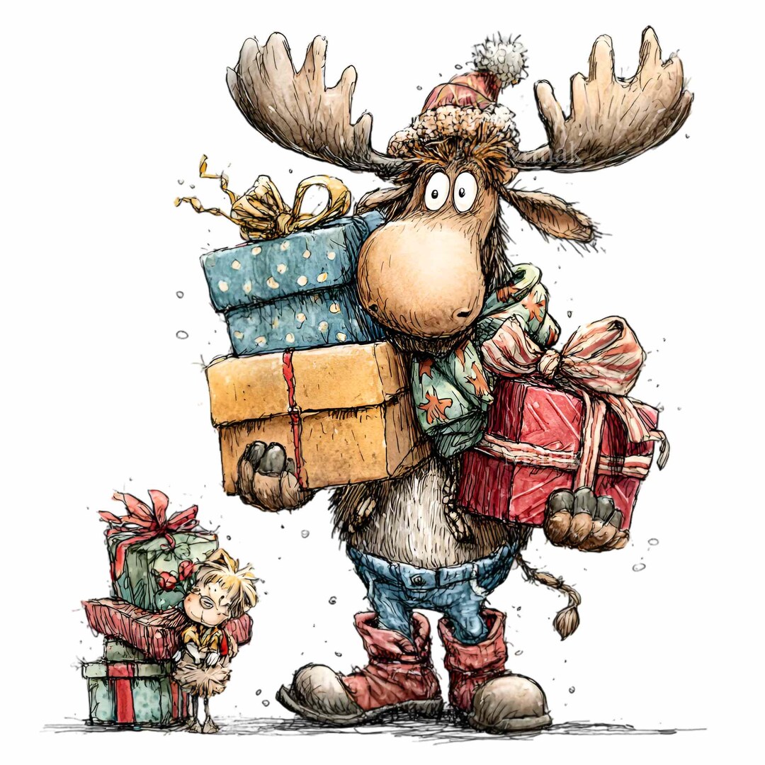 16 PNG Moose With Gifts Clipart – Cute Moose PNG – Winter Holiday Art ...