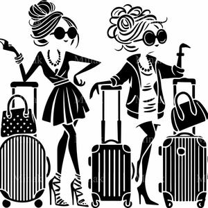 6 Traveling Ladies SVG - Stylish Silhouette With Luggage for Cricut ...