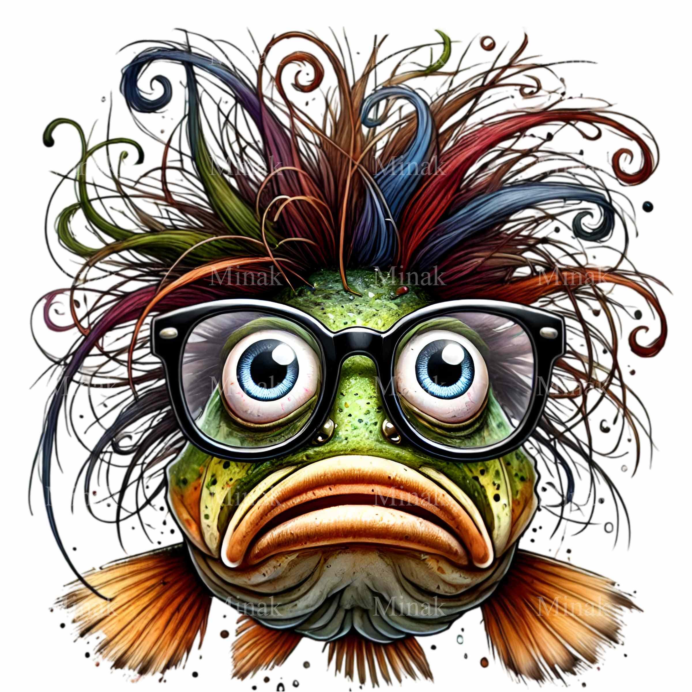 11 Funny Fish PNG Clipart, Quirky Fish With Messy Hair and Glasses ...