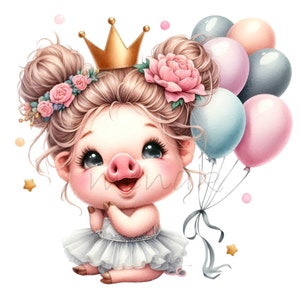 Princess Piglet Clipart, 14 Cute Pig With Balloons PNG, Birthday Pig ...