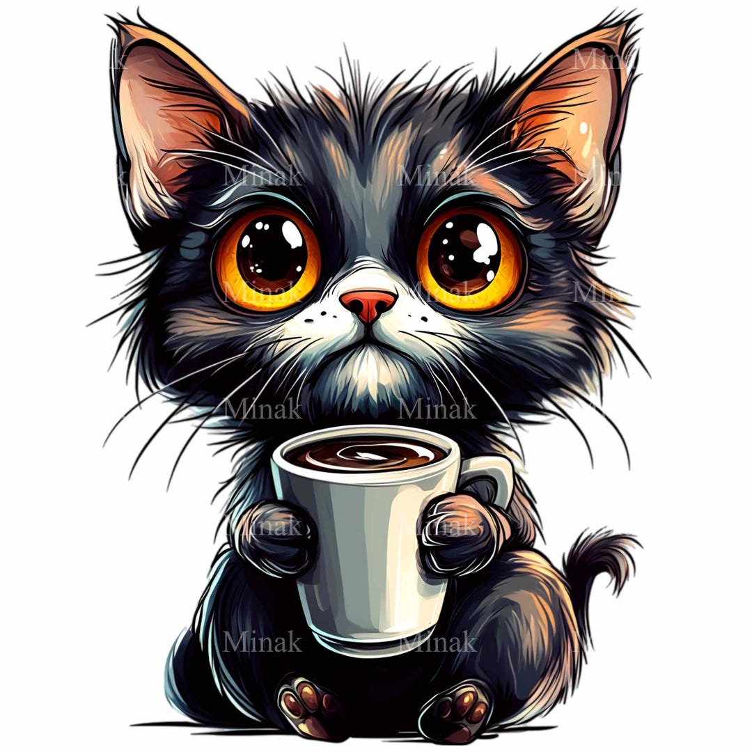16 Cute Coffee Cat PNG Clipart, Fluffy Kitten Holding a Cup of Coffee ...
