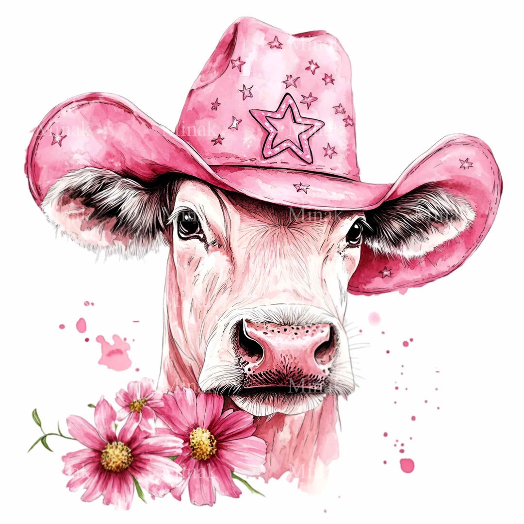 15 Pink Cow PNG Clipart With Cowboy Hat and Daisy - Adorable Digital ...