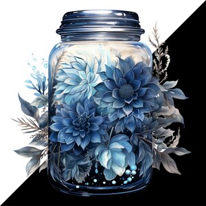Floral Mason Jar Clipart - Watercolor Blue Flowers in Glass Jar With ...