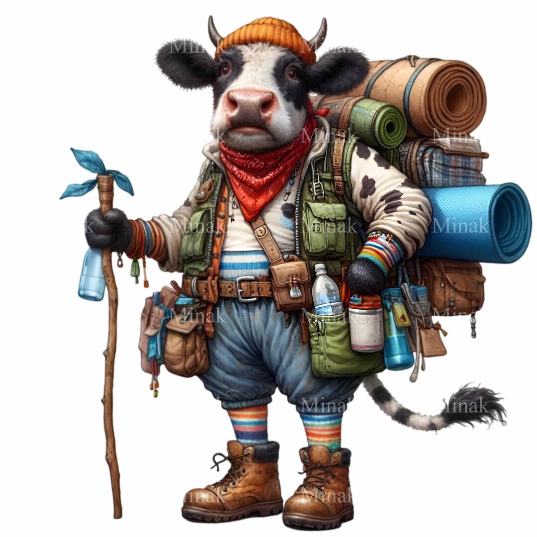 14 Hiking Cow PNG Clipart: Adventurous Cow With Backpack, Walking Stick ...