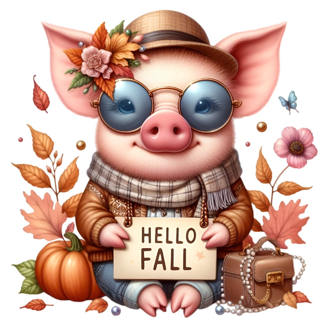 Fall Pig Clipart PNG - 10 Cute Pig With Glasses, Scarf, and 'hello Fall ...