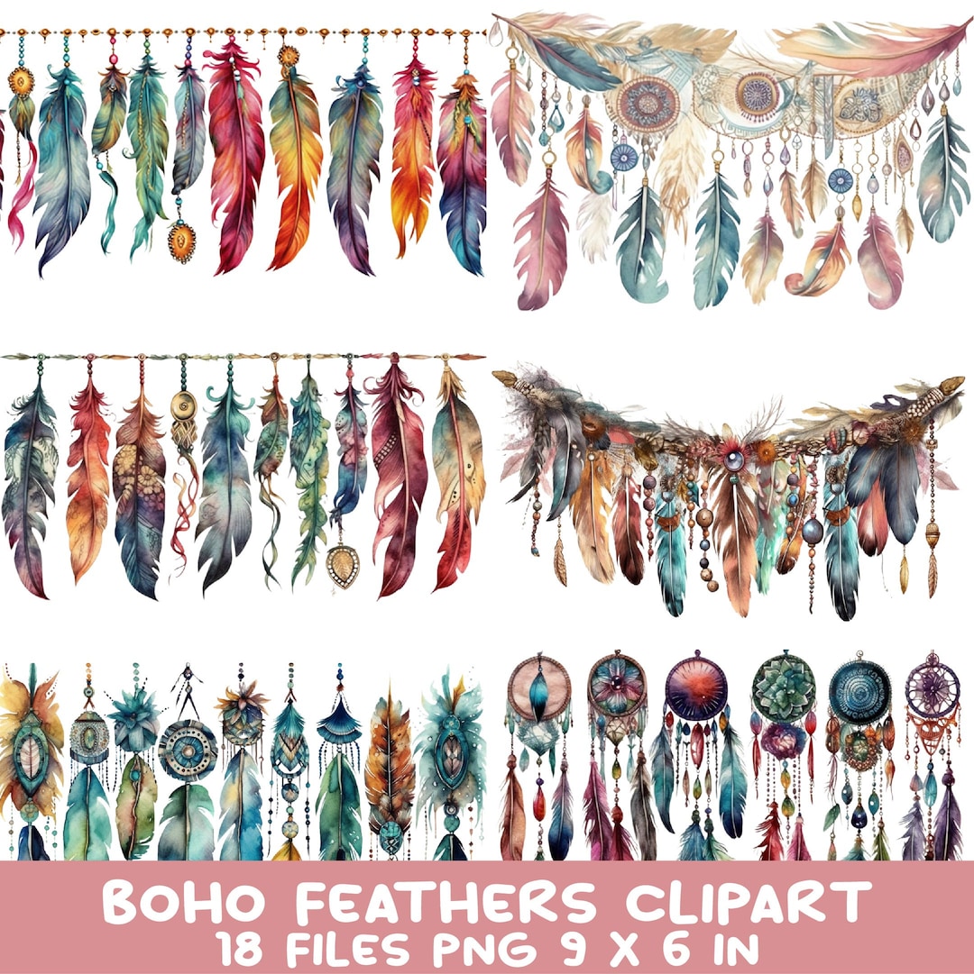 Boho Feathers Clipart Bundles, 18 PNG Watercolor Beaded Plumes Garland ...