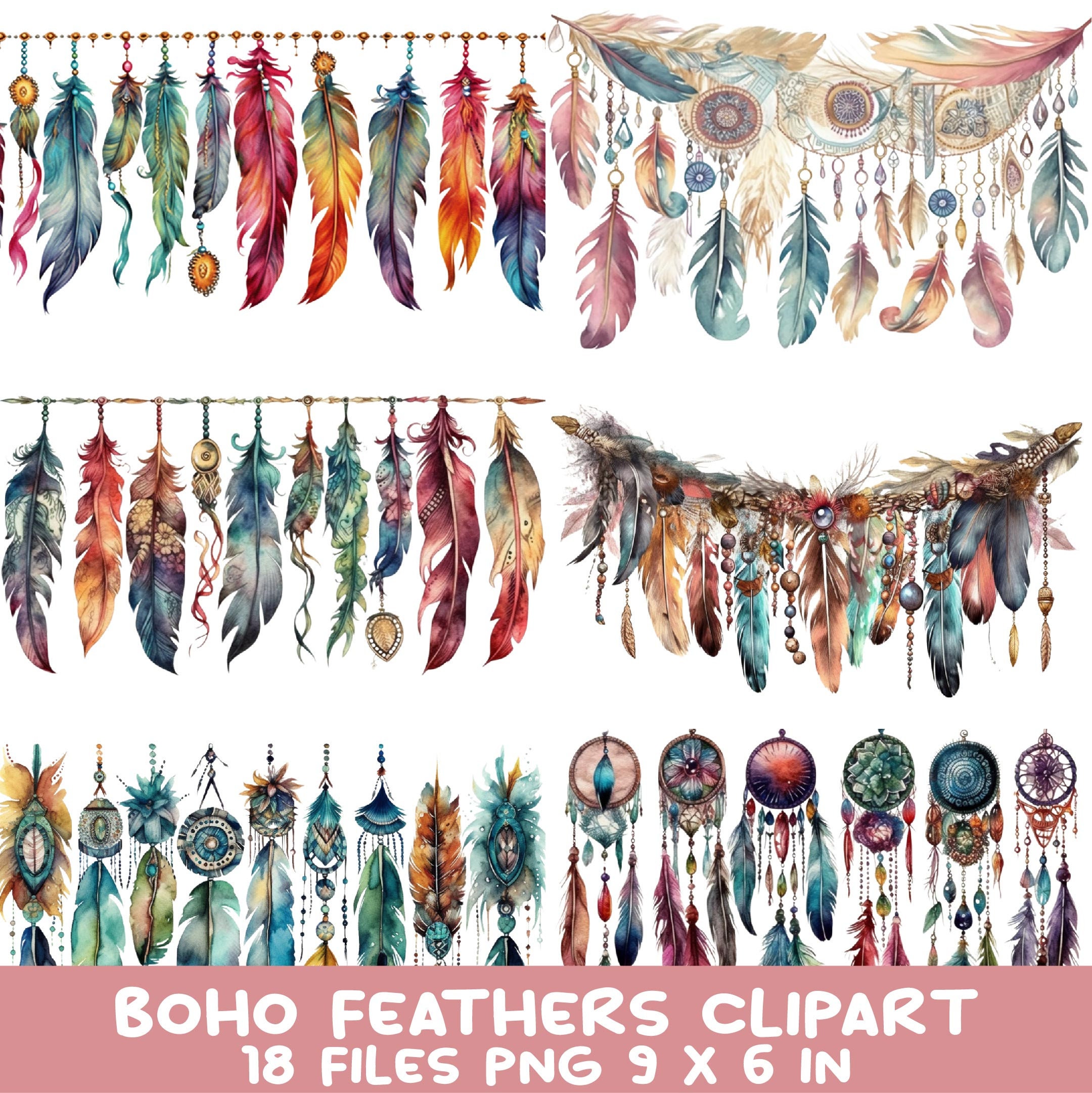 Boho Feathers Clipart Bundles, 18 PNG Watercolor Beaded Plumes Garland ...